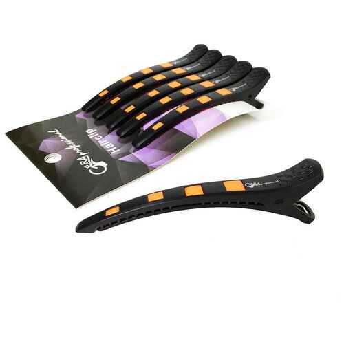 Gera Professional Зажим для волос, цвет черный с оранжевой силиконовой вставкой, 6 шт/уп