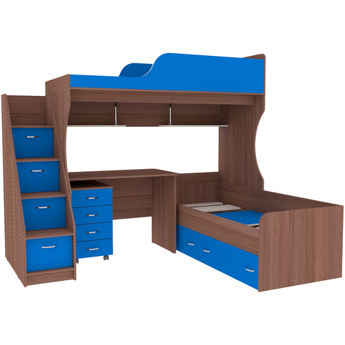 Двухъярусная кровать Дуэт-5 с лестницей комодом Бодего Темный Светло Синий/Голубой