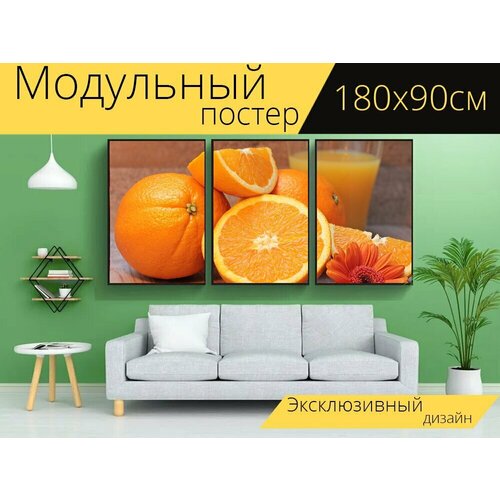 Модульный постер "Оранжевый, апельсин, цитрусовый фрукт" 180 x 90 см. для интерьера