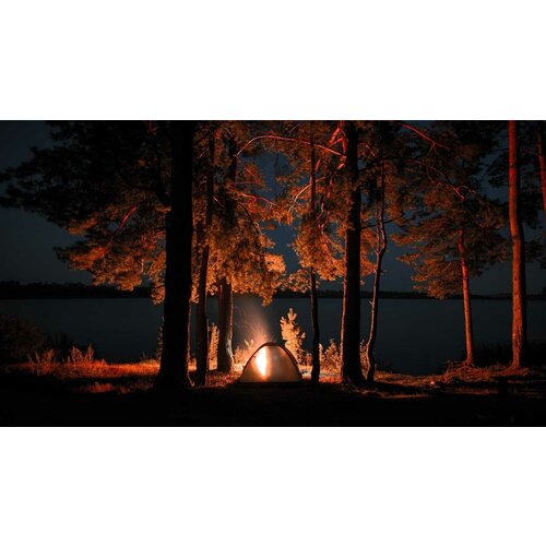 Картина на холсте 60x110 Альянс Лес "Темные Природа Ночь Палатка" на подрамнике / интерьер/ декор