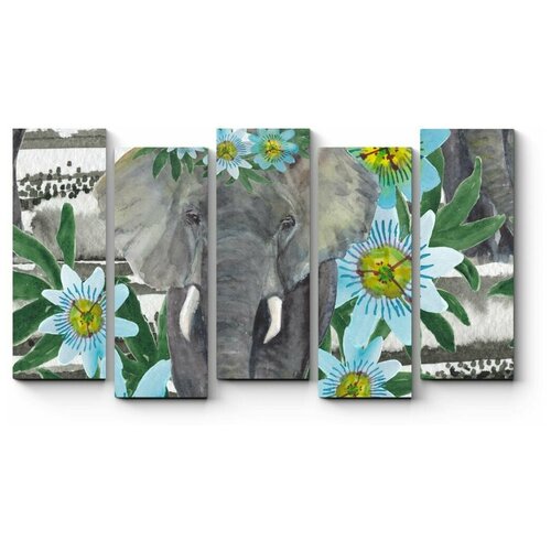 Модульная картина Слон, гуляющий среди цветов130x75