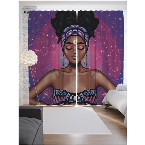 Шторы, фотошторы JoyArty "Восточная девушка африканка на фиолетовом фоне" 145х265 см (2 полотна) ткань сатен