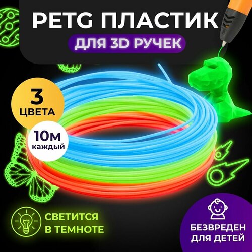 Набор светящегося PET-G-пластика для 3D-ручек Funtastique 3 цвета по 10 м , люминесцентный , стержни petg , безопасный пластик без запаха , картриджи 3д , леска пластмасса