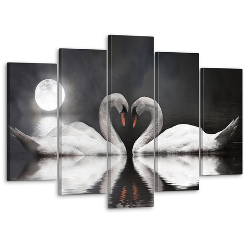 Модульная картина на стену, для интерьера "Влюбленные лебеди на фоне луны" 80x140 см