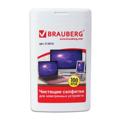 Чистящие салфетки для ноут. и оптич. поверхн. BRAUBERG, компактная туба 100 шт, влажные, 512810