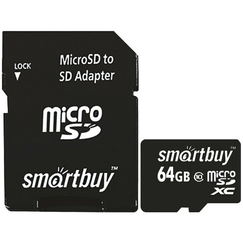 Карта памяти micro SDXC, 64 GB, SMARTBUY, 10 Мб/ сек. (class 10), с адаптером, SB64GBSDCL10-01