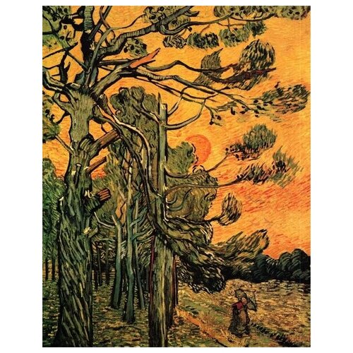 Репродукция на холсте Сосны против красного неба с садящимся солнцем (Pine Trees against a Red Sky with Setting Sun) Ван Гог Винсент 30см. x 38см.