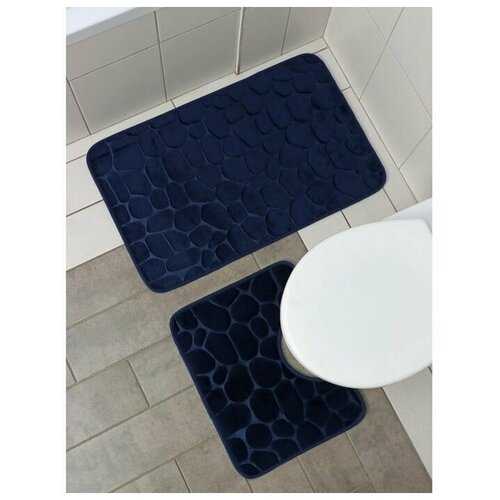 Набор ковриков для ванной и туалета Доляна"Камни", объемные, 2 шт: 40х50, 50х80 см, цвет синий