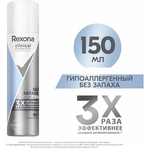 Антиперспирант-дезодорант Rexona Clinical protection Гипоаллергенный без запаха 150мл х2шт