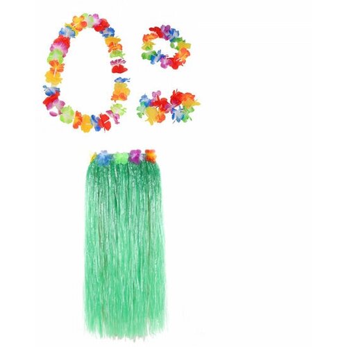 Гавайская юбка зеленая 80 см, ожерелье лея 96 см, венок, 2 браслета (набор)