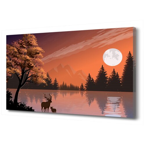 Картина на холсте "Иллюзия. Олени на озере." PRC-705 (45x30см). Натуральный холст