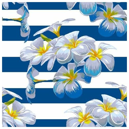 Постер на холсте Цветы на фоне белых и синих полос 40см. x 40см.