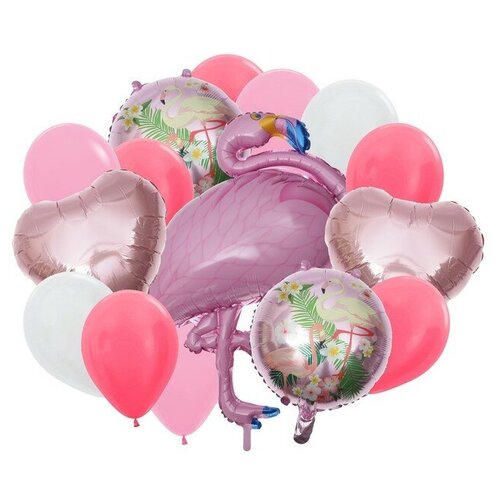 Букет из шаров "Фламинго", фольга, латекс, набор 16 шт, цвет розовый