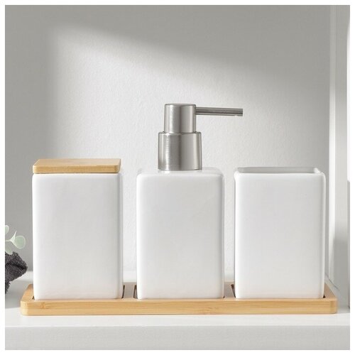 Набор для ванной Square 3 предмета (дозатор для мыла, 2 стакана, подставка), цвет белый 7500319