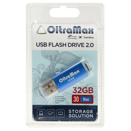 Флешка OltraMax 30, 32 Гб, USB2.0, чт до 15 Мб - с, зап до 8 Мб - с, синяя