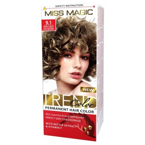 Miss Magic Trend Color стойкая краска для волос с экстрактом крапивы и витамином F, 9.1 Very light ash blonde, 90 мл