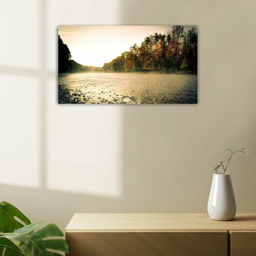 Картина на холсте 60x110 LinxOne "Туман река осень лес утро" интерьерная для дома / на стену / на кухню / с подрамником
