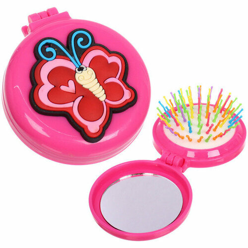 Расческа массажная детская складная «Barbariska», с зеркалом, пончик, разноцветные зубчики, цвет ярко - розовый, d-7см