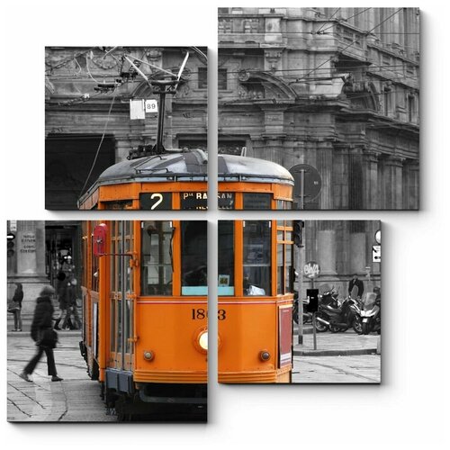 Модульная картина Оранжевый трамвай на сером городском фоне150x150