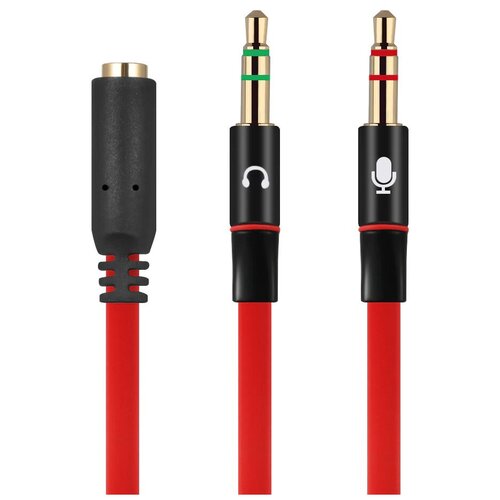 Аудио-разветвитель GSMIN A61 переходник на микрофон и наушники Mini Jack 3.5 мм (F) - Mini Jack 3.5 мм (M) + MIC 3.5 мм (M) (Красный)