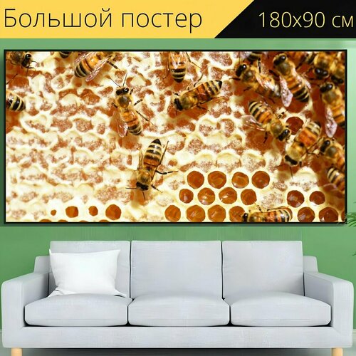Большой постер "Пчелы, медовый, медоносных пчел" 180 x 90 см. для интерьера