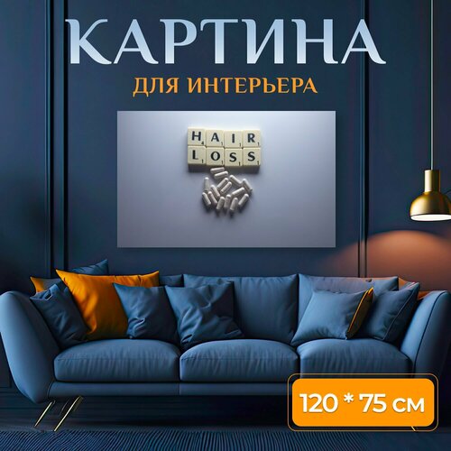 Картина на холсте "Потеря волос, капсулы, таблетки" на подрамнике 120х75 см. для интерьера