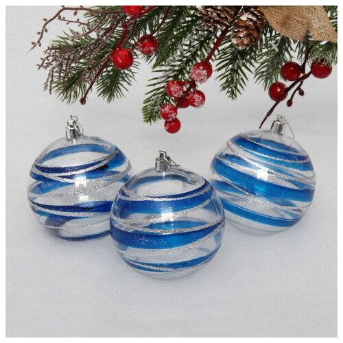 Новогодние шары 8 см (набор 3 шт) "Сказочный узор", голубой/серебро