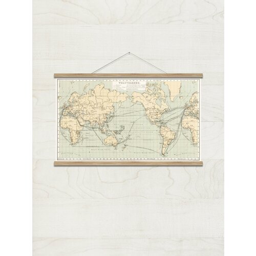 Постер / Плакат / Картина на холсте Старинная карта на холсте - Карта мира с морскими путями на английском языке 50x70