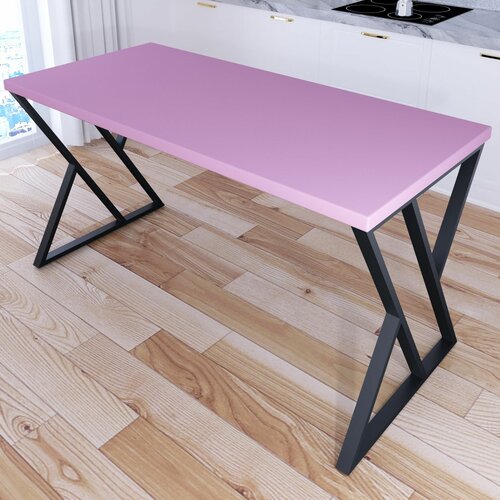 Стол кухонный Loft со столешницей розового цвета из массива сосны 40 мм и черными металлическими Z-образными ножками, 140х80х75 см