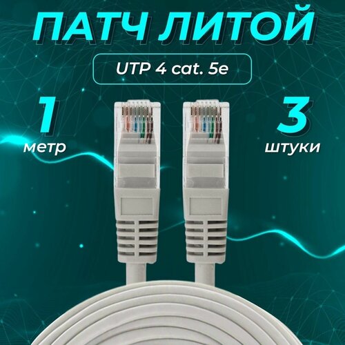 Патч-корд 1 метр, 3 шт. интернет кабель, RJ-45, категория 5e, UTP, серый, REDMART