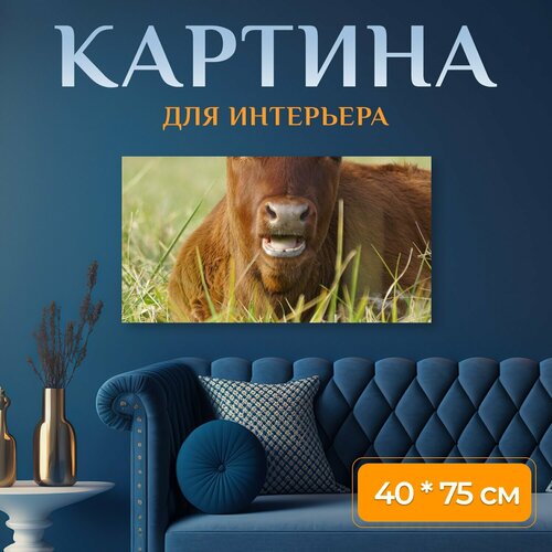Картина на холсте "Трава, животное, сенокос" на подрамнике 75х40 см. для интерьера