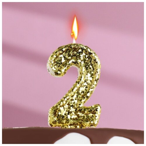 Свеча в торт "Блестки", цифра "2", золото, 6.5х4