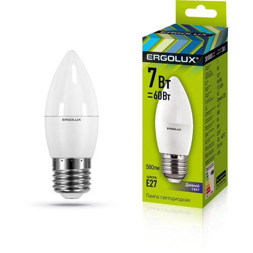 (Эл. лампа светодиодная Свеча 7Вт E27 6500K 172-265В), ERGOLUX LED-C35-7W-E27-6K (12 шт.)
