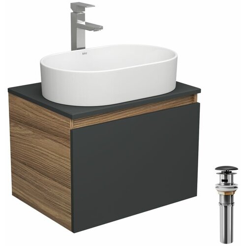 Комплект для ванной, 4 предмета (тумба Bau 60, графит + раковина BAU Nimb 56х36 + смеситель Hotel Still, выпуск клик-клак, черный)