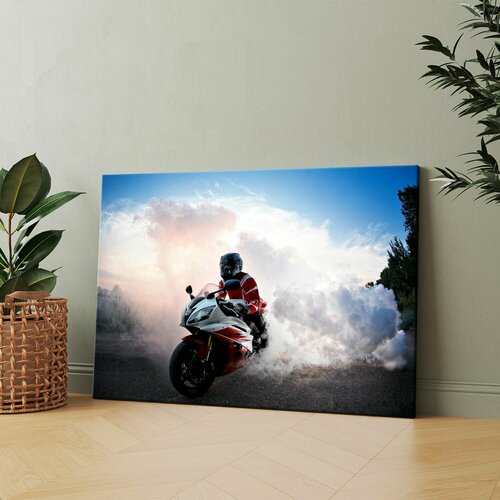 Картина на холсте (человек едет на мотоцикле по дороге(1)) 60x80 см. Интерьерная, на стену.