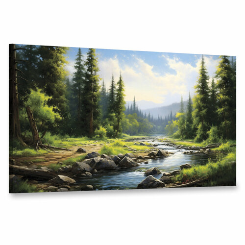 Интерьерная картина 100х60 "Пейзаж с лесом и ручьем"