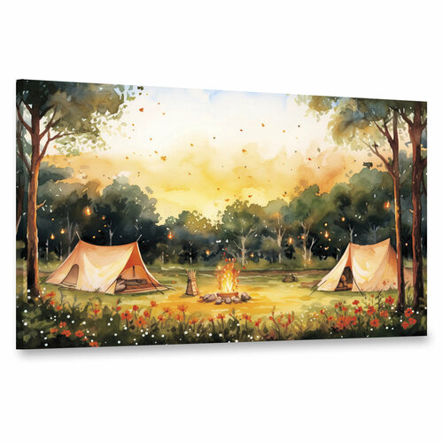 Интерьерная картина 100х60 "Пейзаж с палатками и костром"