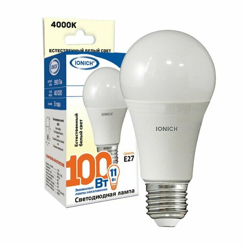 Лампочка светодиодная E27, 11 Вт, 100 Вт, груша, 4000 К, свет нейтрально-белый, IONICH, ILED-SMD2835-A60-11-990-230-4-E27