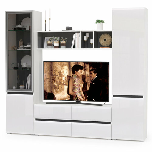Мебельная глянцевая Мини-Стенка для гостиной под телевизор 230см белый/чёрный/МДФ белый глянец - НЖ1575