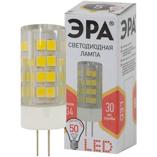 Лампочка светодиодная ЭРА STD LED JC-5W-220V-CER-827-G4 G4 5Вт керамика капсула теплый белый свет