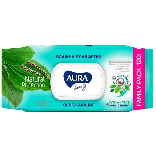 Aura Влажные салфетки Family Освежающие  Natural Protection, 120 шт.