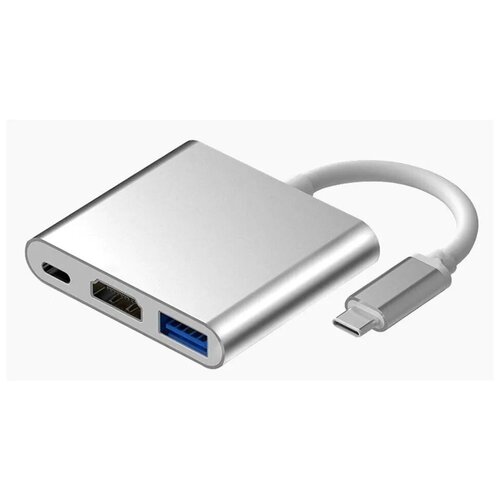 Переходник HUB Type-C на USB 3.0 - HDMI - Type-C, серебристый, Apple, Android