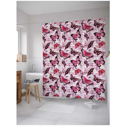 Штора водоотталкивающая для ванной, занавеска в ванную комнату тканевая JoyArty "Розовые бабочки", 180х200 см