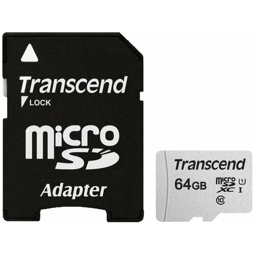 Карта памяти microSDXC 64 GB TRANSCEND UHS-I U1, 95 Мб/сек (class 10), адаптер, TS64GUSD300S-A