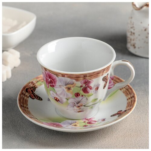 Чайная пара керамическая "Садовый дворик", 2 предмета: чашка 200 мл, блюдце d=14.1 см, цвет разноцветный