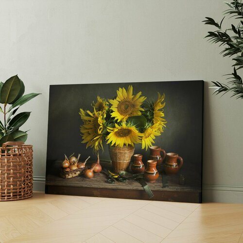 Картина на холсте "Букет подсолнухов в вазе на столе" 80x100 см. Интерьерная, на стену.