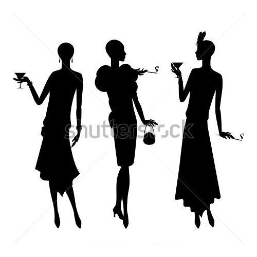 Постер на холсте Чёрно-белая иллюстрация с силуэтами красивых девушек, одетых по моде 1920-х годов 30см. x 30см.