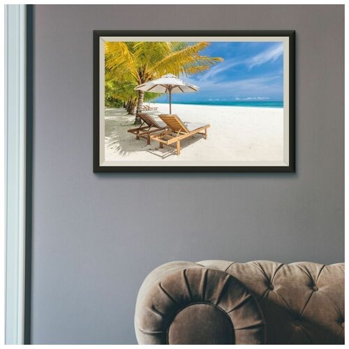 Постер Лето, море, пляж, белый песок, шезлоги 40х30 см в тубусе ПолиЦентр