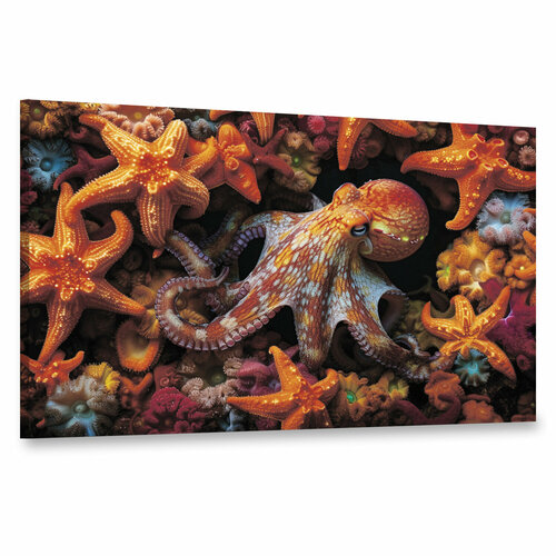 Интерьерная картина 100х60 "Осьминог в мире морских звезд"