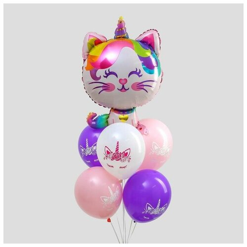 Букет из шаров «С днём рождения», котик-единорог, фольга, латекс, набор 6 шт, цвета микс